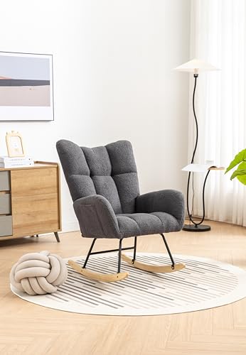 EVURU Soft Teddy Velvet Rocking Chair for Nursery - Comfy Wingback Glider with Solid Wood Base - Casual Style, Ideal for Living Room, Bedroom, or Balcony (Grey)