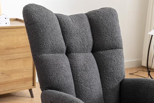 EVURU Soft Teddy Velvet Rocking Chair for Nursery - Comfy Wingback Glider with Solid Wood Base - Casual Style, Ideal for Living Room, Bedroom, or Balcony (Grey)