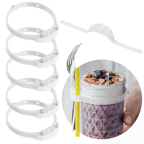NEOHANA 6 Pack Mason Jar Spoon Straw Holder White Silicone Adjustable Hanging Scoop Ring for Overnight Oats Container Round and Square Glass Jars