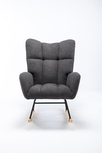 EVURU Soft Teddy Velvet Rocking Chair for Nursery - Comfy Wingback Glider with Solid Wood Base - Casual Style, Ideal for Living Room, Bedroom, or Balcony (Grey)