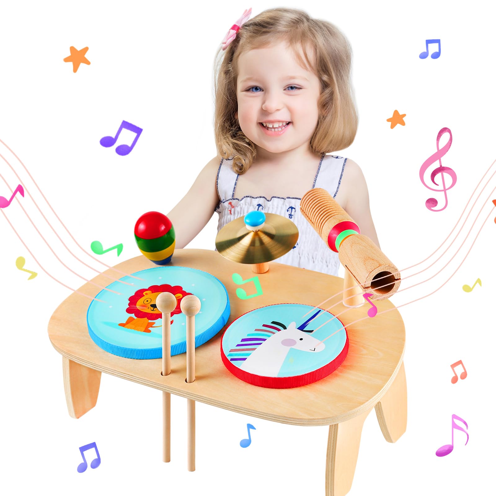 LOOIKOOS Kids Drum Set for Toddlers 1-3, All in One Montessori Musical Instruments -Wooden Percussion Educational Preschool Music Toys for Baby 12-18 Months