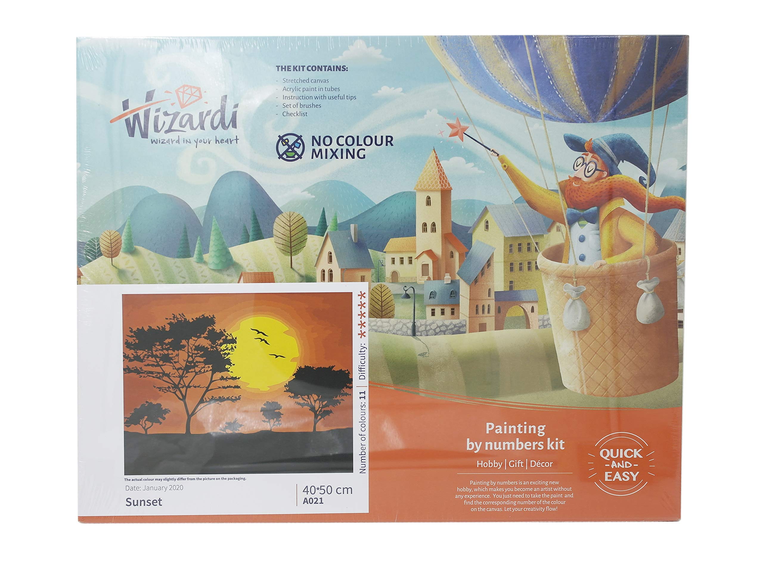 Wizardi 40cm x 50cm Paint by Numbers Kit with Stretched Canvas on Wood Frame (Sunset - 11 Colours)