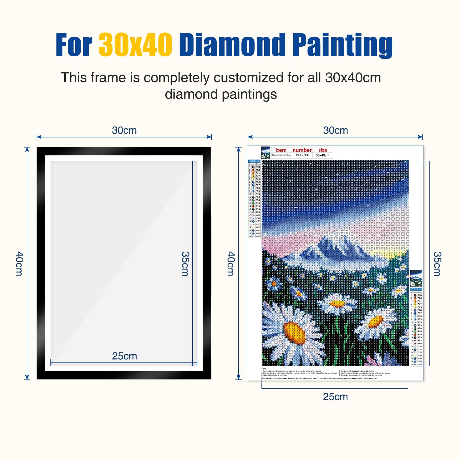 RICUVED Diamond Art Frames, 2 Pack Frames for Diamond Art Pictures 30x40cm Canvas Size, Magnetic Diamond Art Frames Self-Adhesive Frames for Wall Window Door with 6 Hook Pads, Black