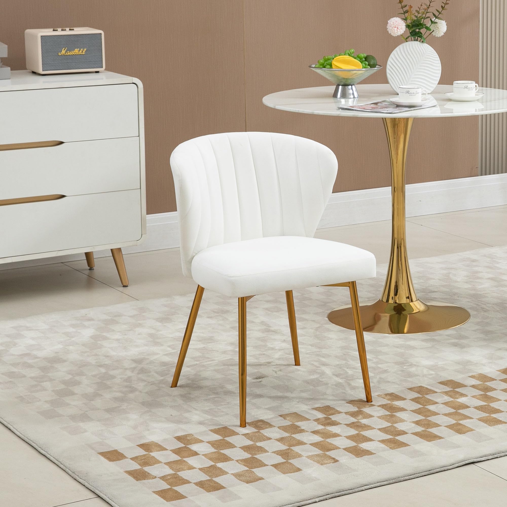 KASUE Velvet Dining Chairs Set of 4 – Golden Metal Legs & Tufted Upholstery - Modern Dining Chairs for Your Dining Room, Kitchen, Vanity.White
