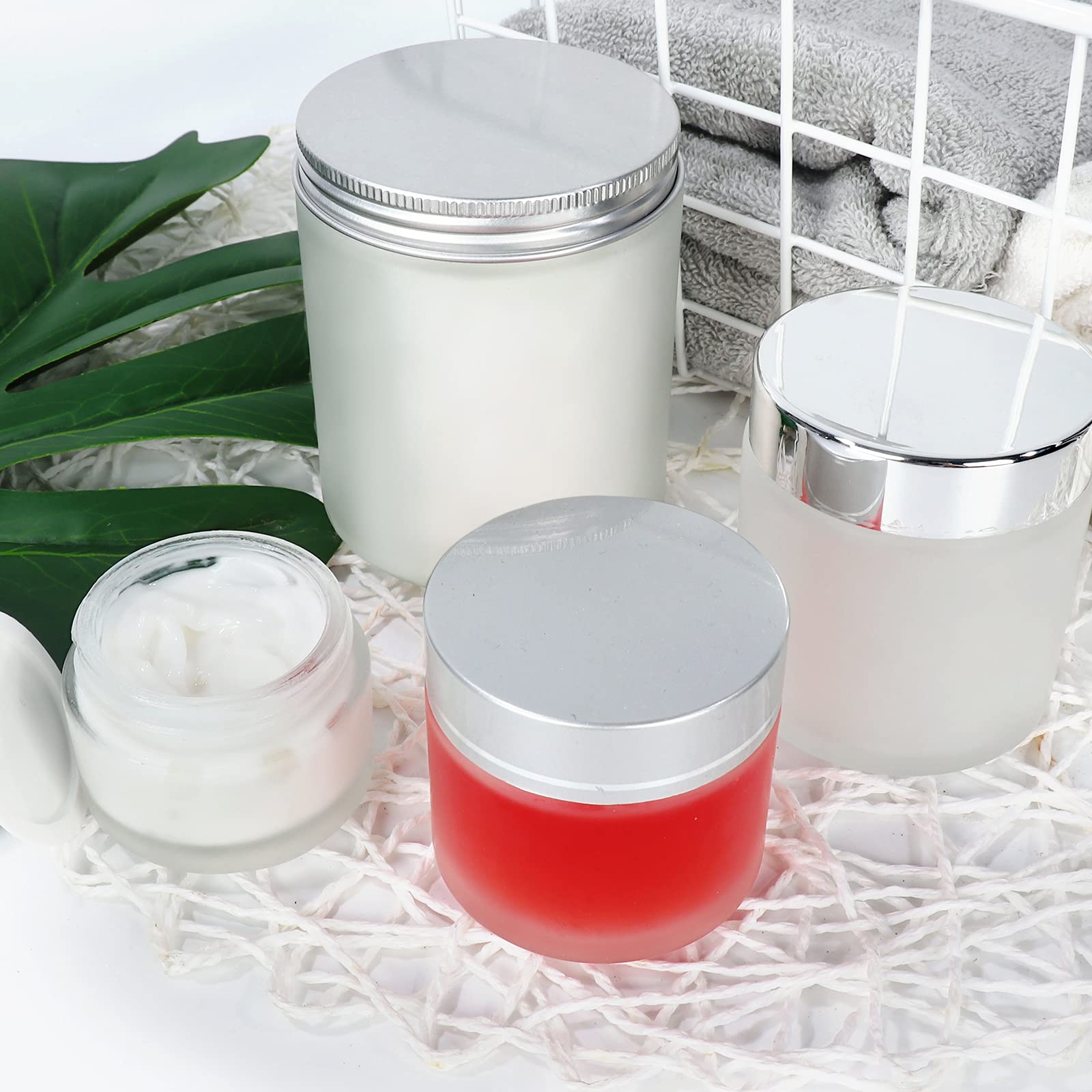 15 Pack, 2 oz 60ml Frosted Glass Jars with Silver Lids & Inner Liners, Empty Matte Clear Round Refillable Cosmetic Containers Travel Jars for Cosmetics,Body Butter,Scrubs,Face Cream Lotion and More