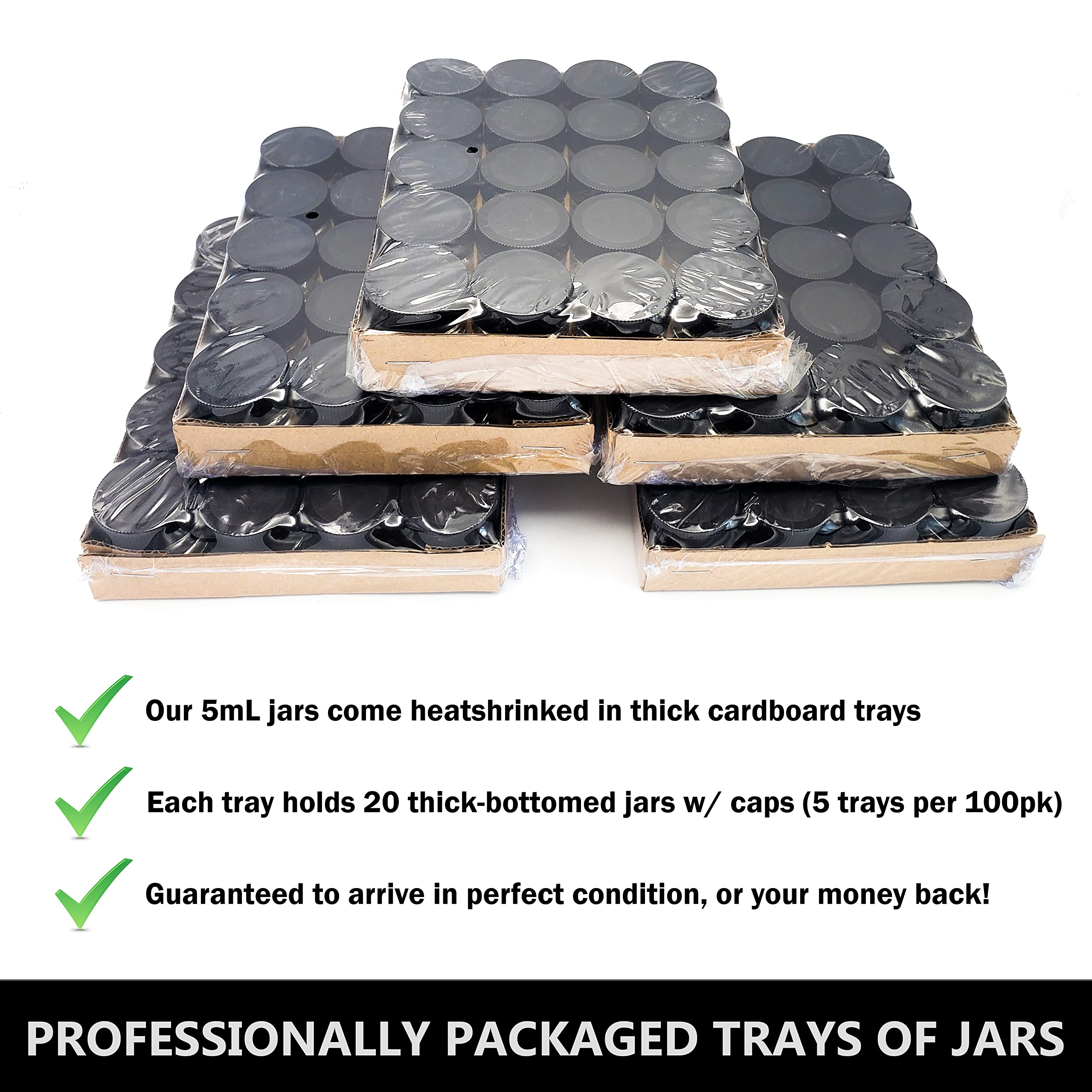 Midelo 100-Pack 5ml Thick Glass Jars with Reflective Foam Liner - Mini Refillable small containers with lids for Oil, Lip Balm, Wax, Cosmetics, Makeup, & More - Small jars with Black Airtight Lids