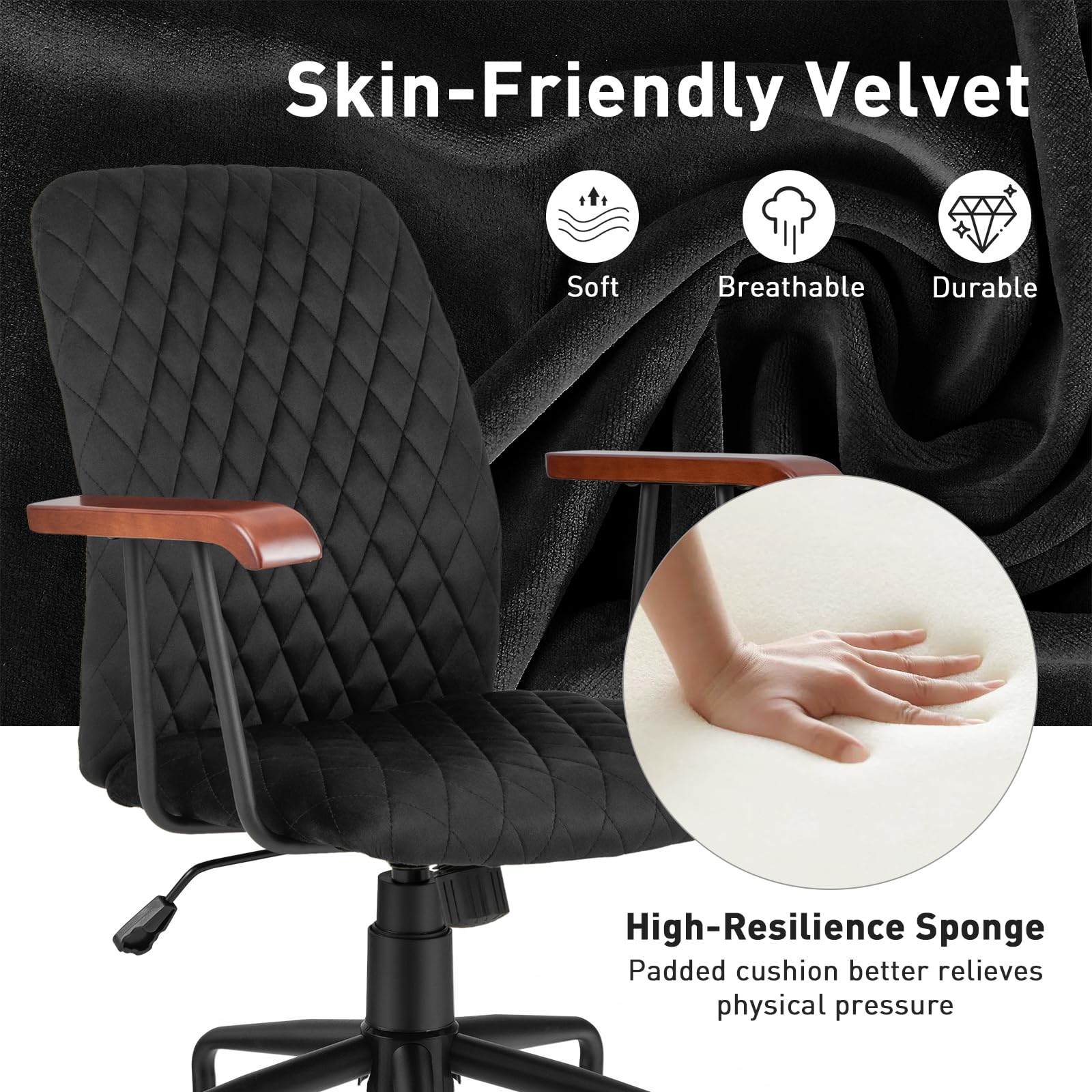 Giantex Home Office Desk Chair Black, Vintage Adjustable Swivel Rolling Chair with Copper Wheels & Armrest, Mid Century Leisure Chair, Velvet Upholstered Computer Chair for Work, Study