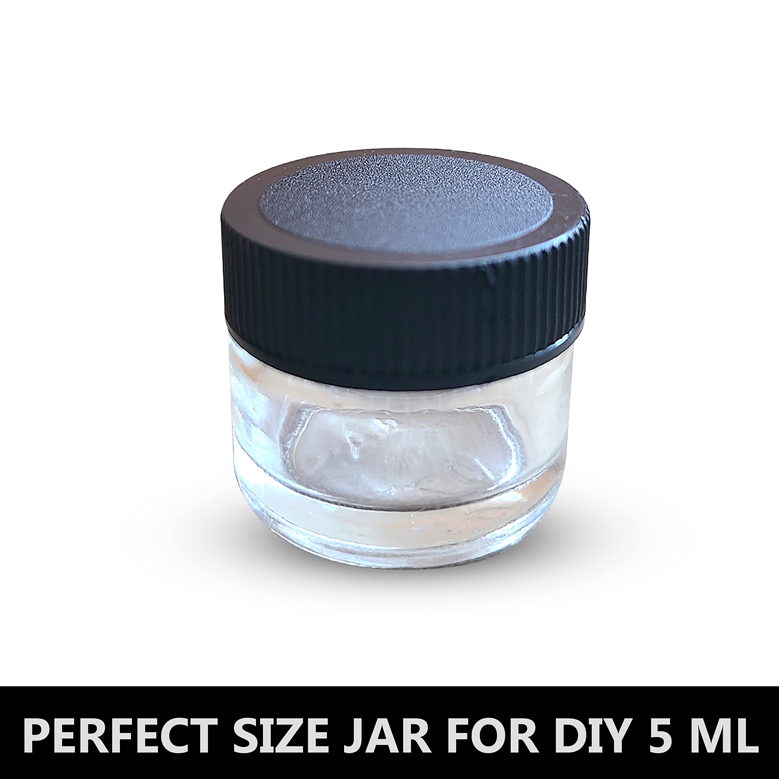 Midelo 100-Pack 5ml Thick Glass Jars with Reflective Foam Liner - Mini Refillable small containers with lids for Oil, Lip Balm, Wax, Cosmetics, Makeup, & More - Small jars with Black Airtight Lids