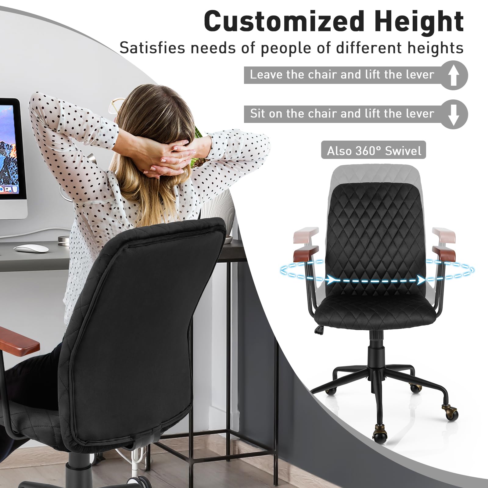 Giantex Home Office Desk Chair Black, Vintage Adjustable Swivel Rolling Chair with Copper Wheels & Armrest, Mid Century Leisure Chair, Velvet Upholstered Computer Chair for Work, Study