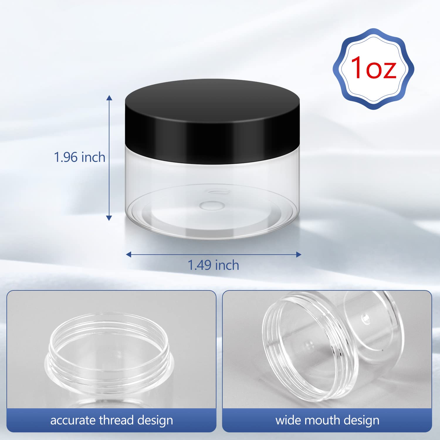 Loretoy Household 1oz Plastic Jars with Lids, 6 Pack BPA Free, Reusable, Refillable Transparent Cosmetic Containers for Bath Salts, Cosmetics, Powders, Beauty Product and Small Accessories