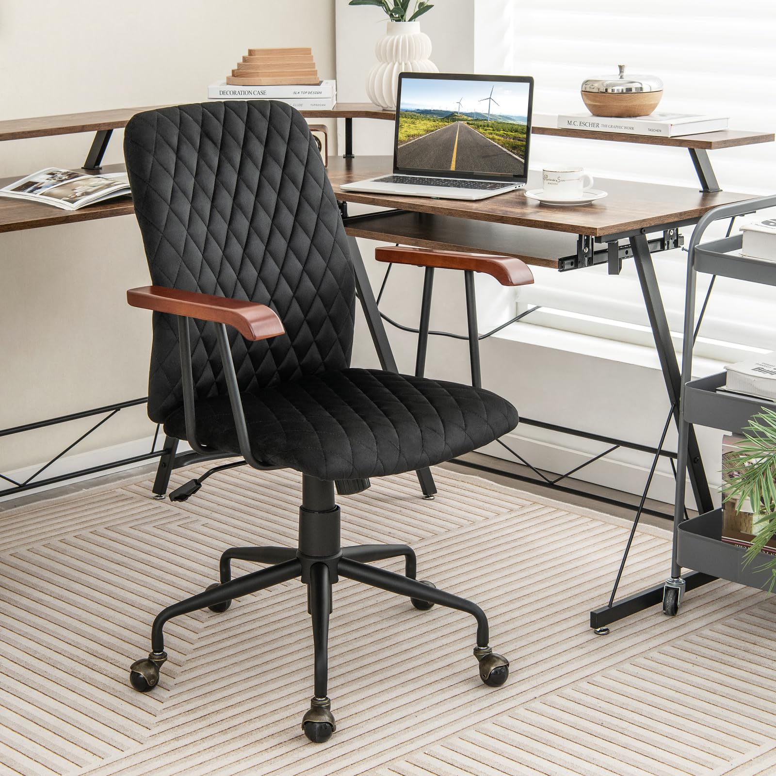 Giantex Home Office Desk Chair Black, Vintage Adjustable Swivel Rolling Chair with Copper Wheels & Armrest, Mid Century Leisure Chair, Velvet Upholstered Computer Chair for Work, Study