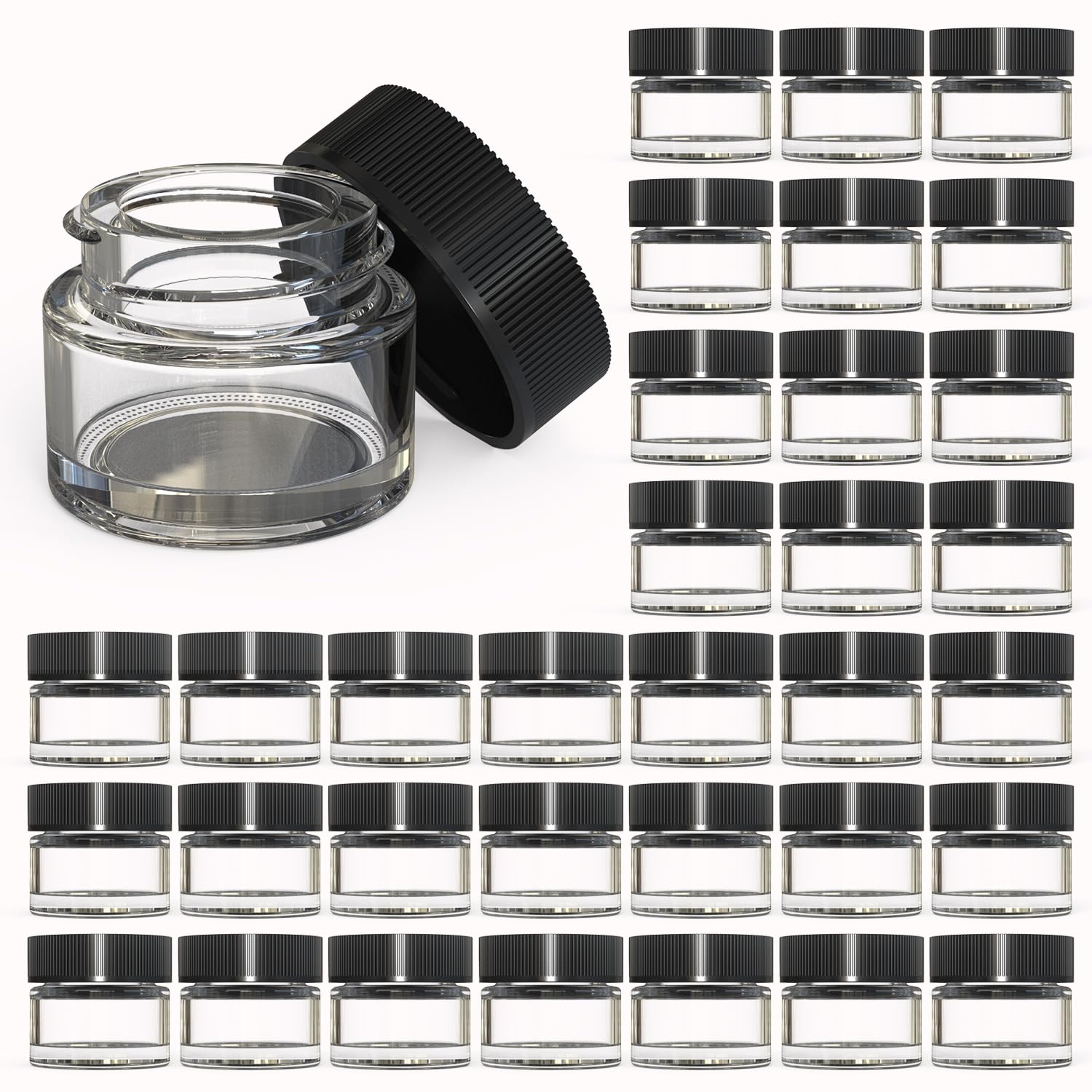 Midelo 100-Pack 5ml Thick Glass Jars with Reflective Foam Liner - Mini Refillable small containers with lids for Oil, Lip Balm, Wax, Cosmetics, Makeup, & More - Small jars with Black Airtight Lids