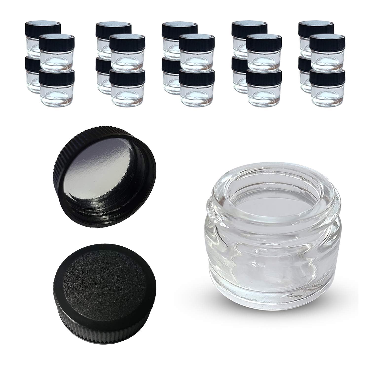 Midelo 100-Pack 5ml Thick Glass Jars with Reflective Foam Liner - Mini Refillable small containers with lids for Oil, Lip Balm, Wax, Cosmetics, Makeup, & More - Small jars with Black Airtight Lids