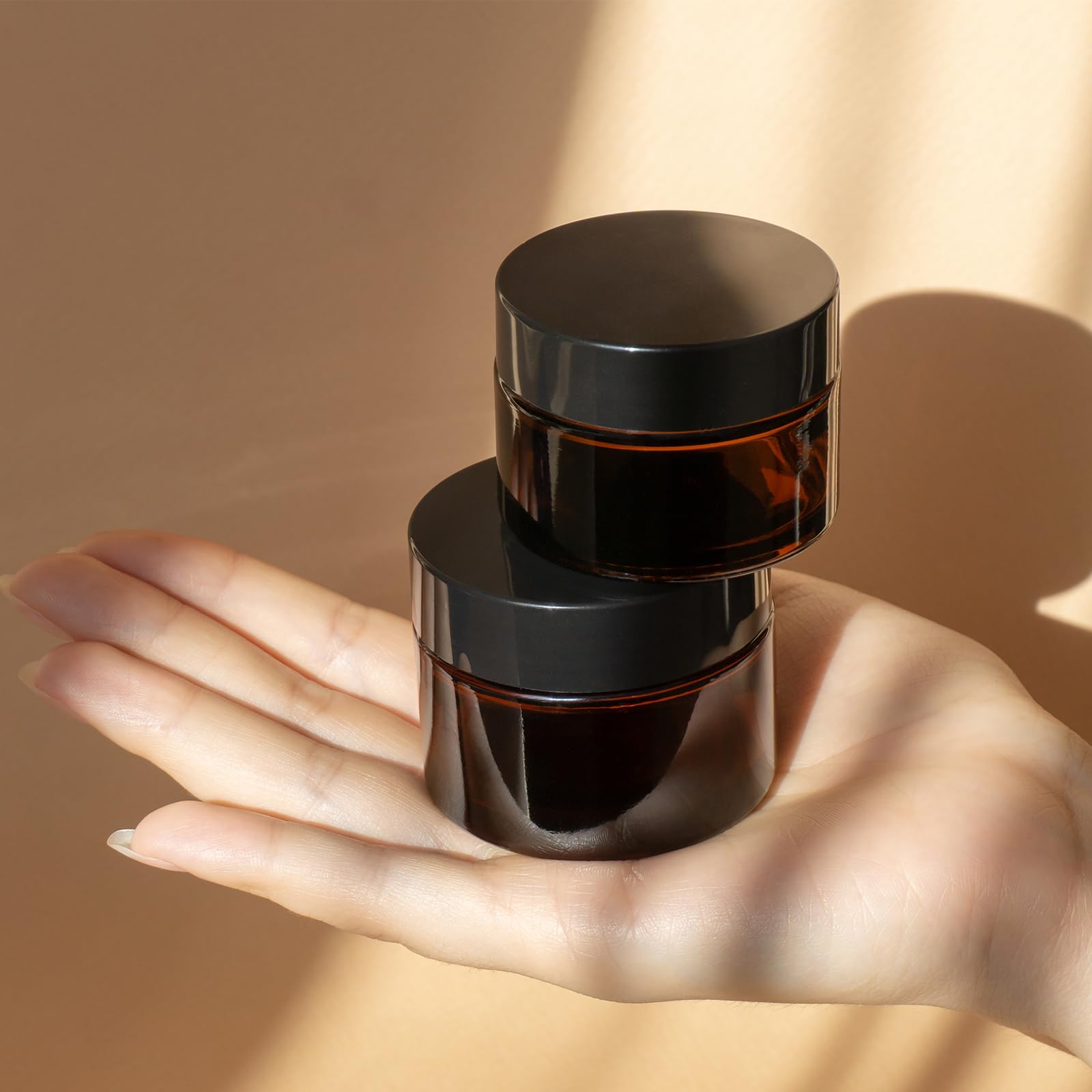 OverNews 2oz Amber Glass Jar, Empty Cosmetic Lotion Containers for Creams, Candle, Food Storage with Inner Liners,Black Lid, Spatula (1PCS)