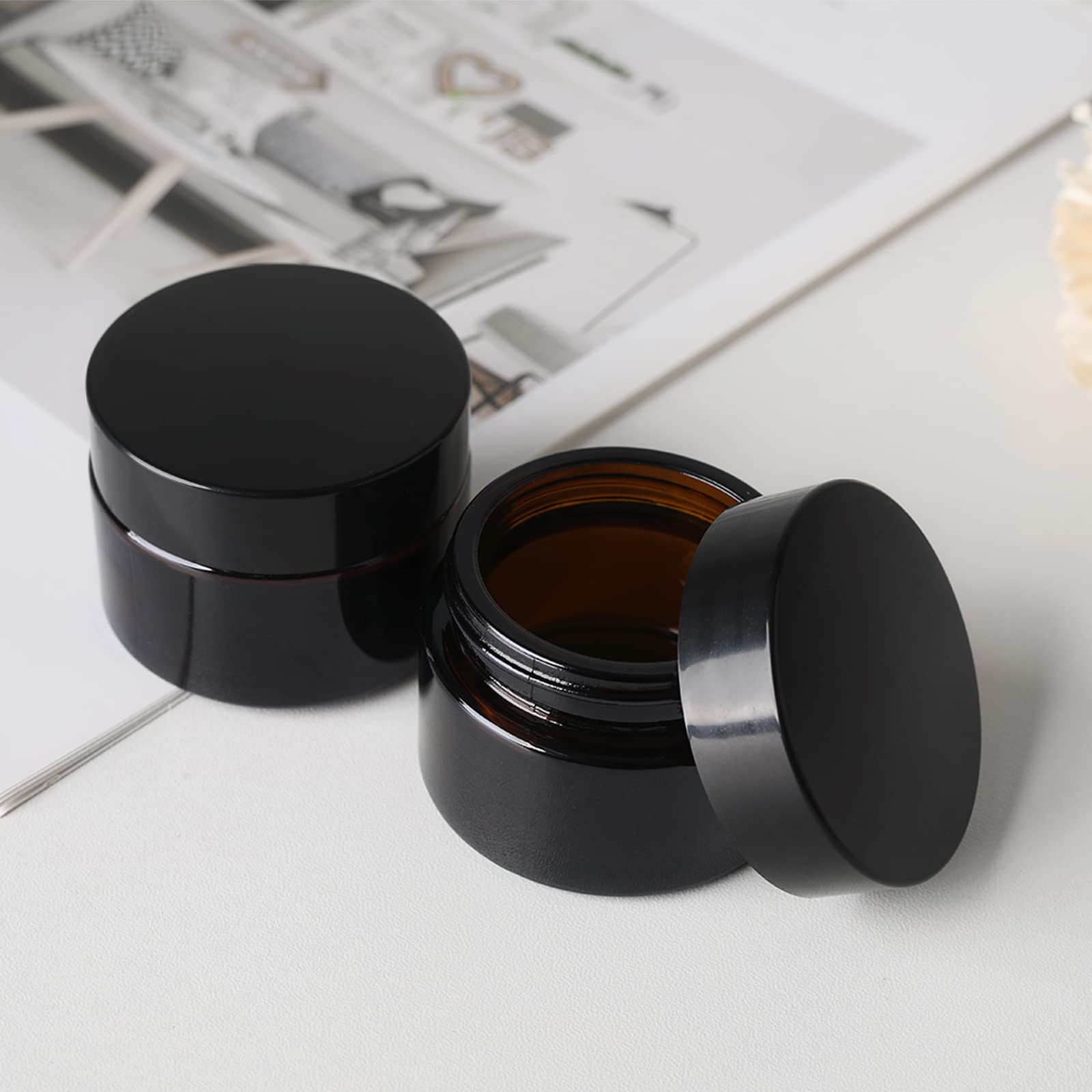 OverNews 2oz Amber Glass Jar, Empty Cosmetic Lotion Containers for Creams, Candle, Food Storage with Inner Liners,Black Lid, Spatula (1PCS)