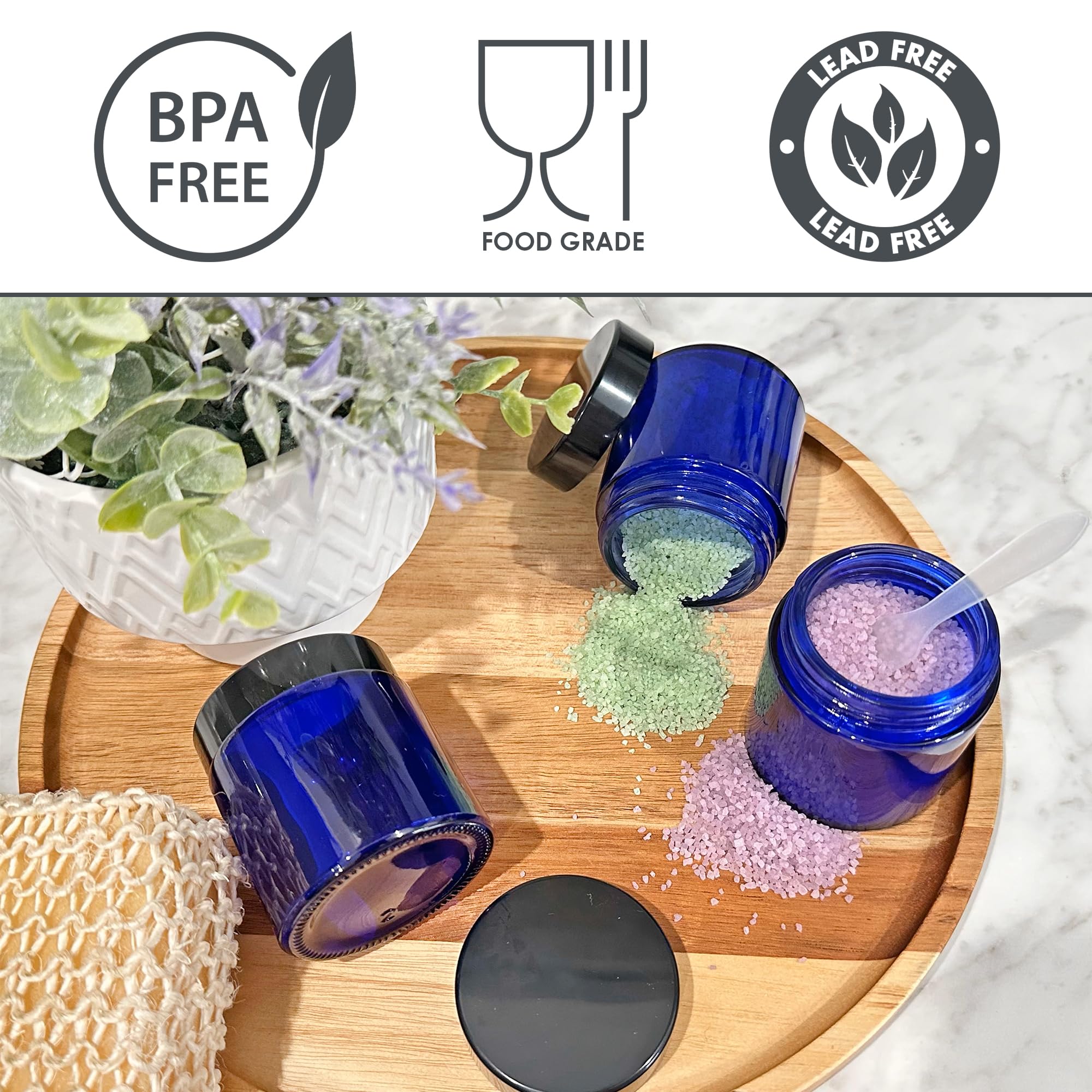 4-Ounce Cobalt Blue Glass Straight Sided Cosmetic Jars (12-Pack); 120 ml. Capacity, BPA-Free Lids