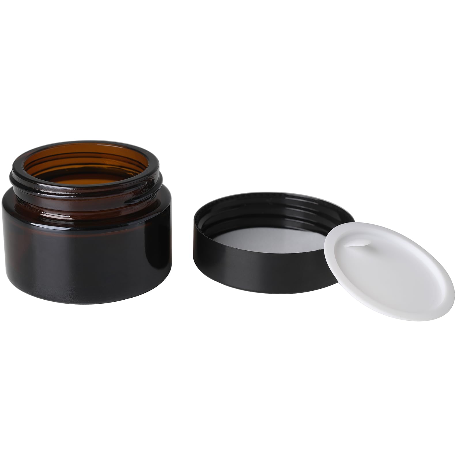 OverNews 2oz Amber Glass Jar, Empty Cosmetic Lotion Containers for Creams, Candle, Food Storage with Inner Liners,Black Lid, Spatula (1PCS)