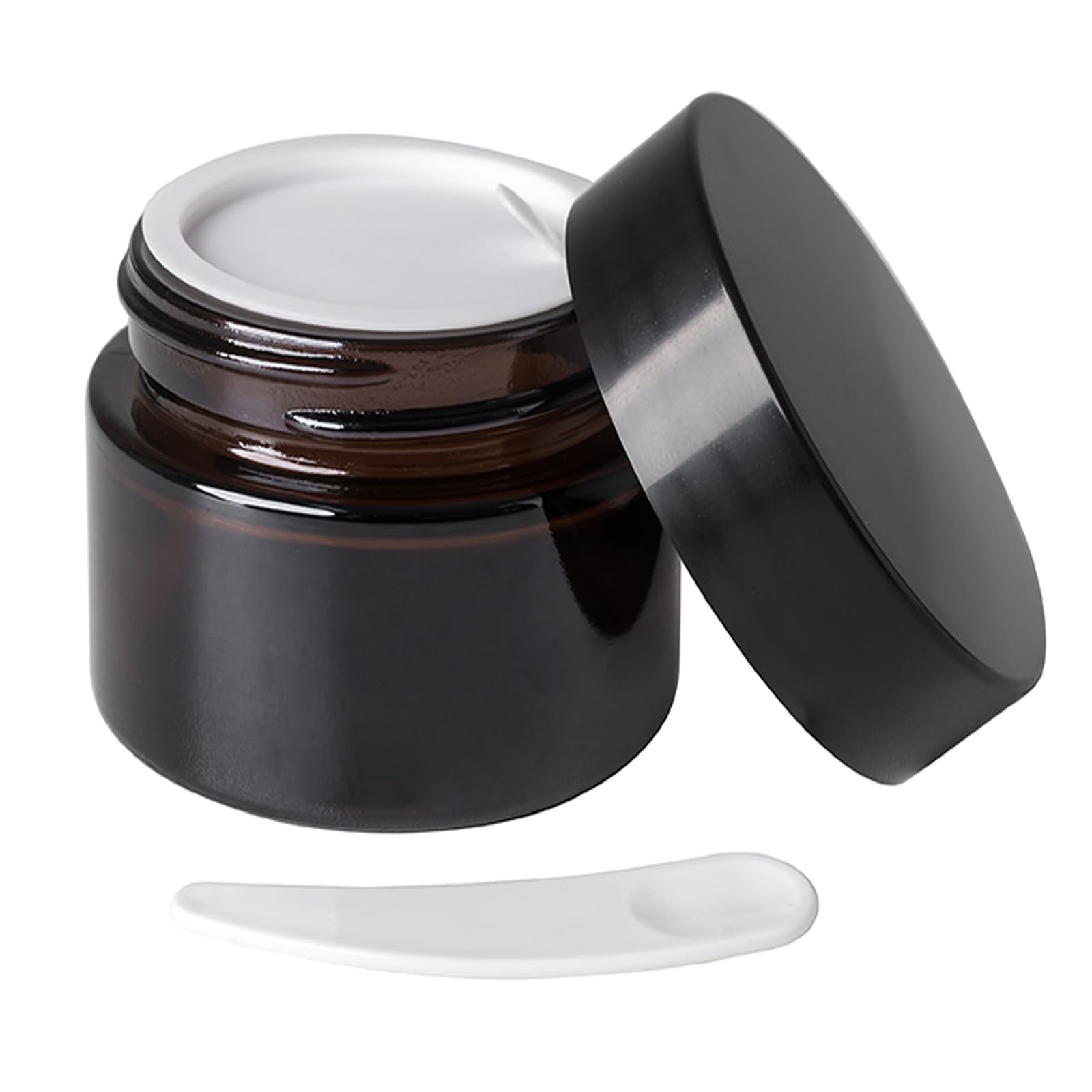 OverNews 2oz Amber Glass Jar, Empty Cosmetic Lotion Containers for Creams, Candle, Food Storage with Inner Liners,Black Lid, Spatula (1PCS)