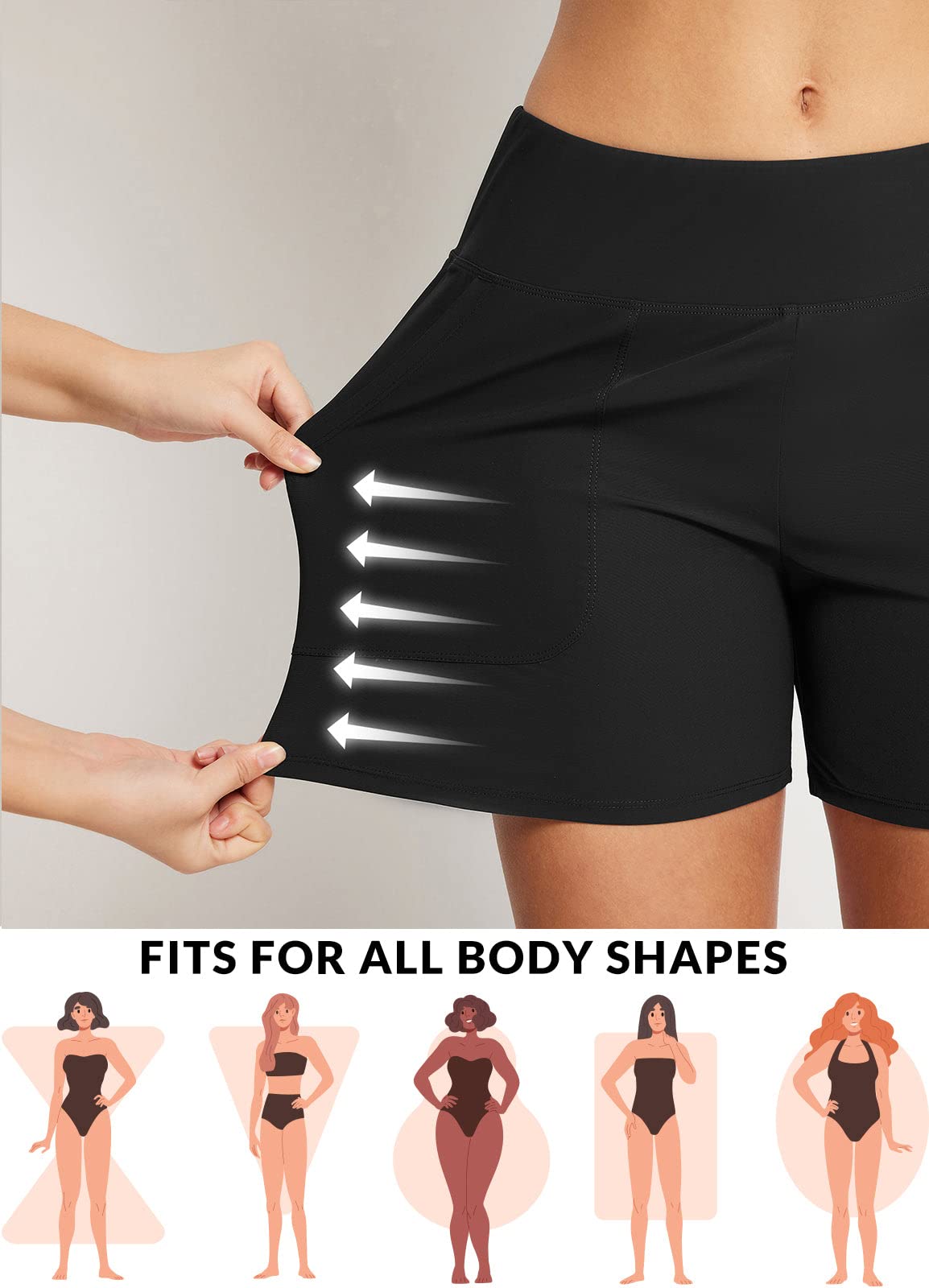 BALEAF Women's Swim Shorts Tummy Control Modest Swimsuits Bathing Suit Bottoms 5" Board Shorts Beach Trunks with Pockets Black 3XL