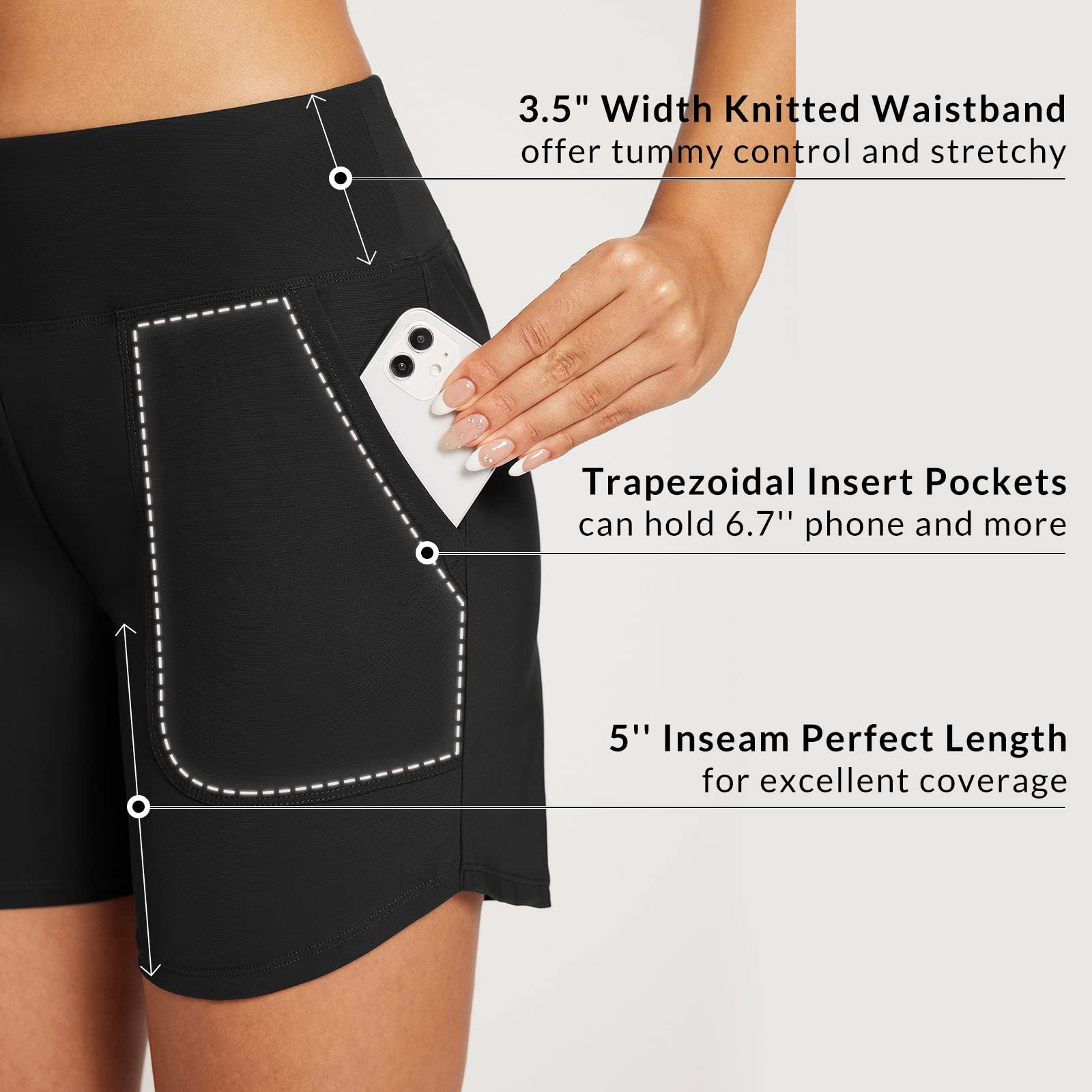 BALEAF Women's Swim Shorts Tummy Control Modest Swimsuits Bathing Suit Bottoms 5" Board Shorts Beach Trunks with Pockets Black 3XL