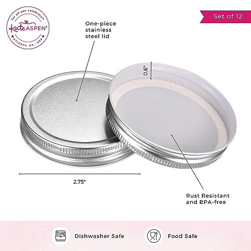 Kate Aspen Mason Jar Lids, Solid Canning Lids (Set of 12), Party Favors, Fits 8 oz, 12 oz and 16 oz Mason Jars