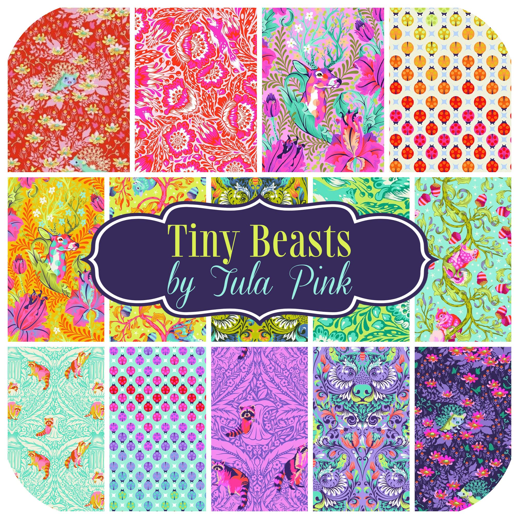 Tiny Beasts Fat Quarter Bundle (14 Pieces) by Tula Pink for Free Spirit 18 x 21 inches (45.72 cm x 53.34 cm) Fabric cuts DIY Quilt Fabric