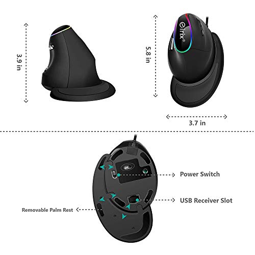 eirix Wired Ergonomic Vertical Mouse: RGB Backlit Ergo Mice with 3200 Adjustable DPI, Removable Palm Rest, Compatible with Windows and MAC OS