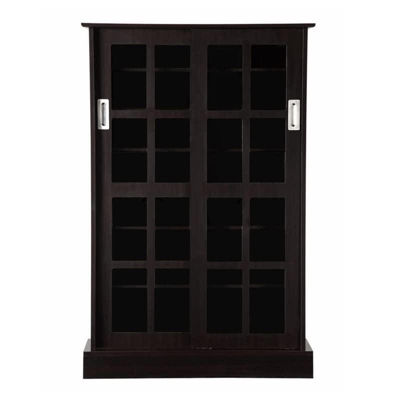 Atlantic Windowpane Media Storage Cabinet with Tempered Glass Pane Styled Sliding Doors, Holds CD, DVD or Blu-ray Media, Collectables or Memorabilia, PN 94835721 in Espresso