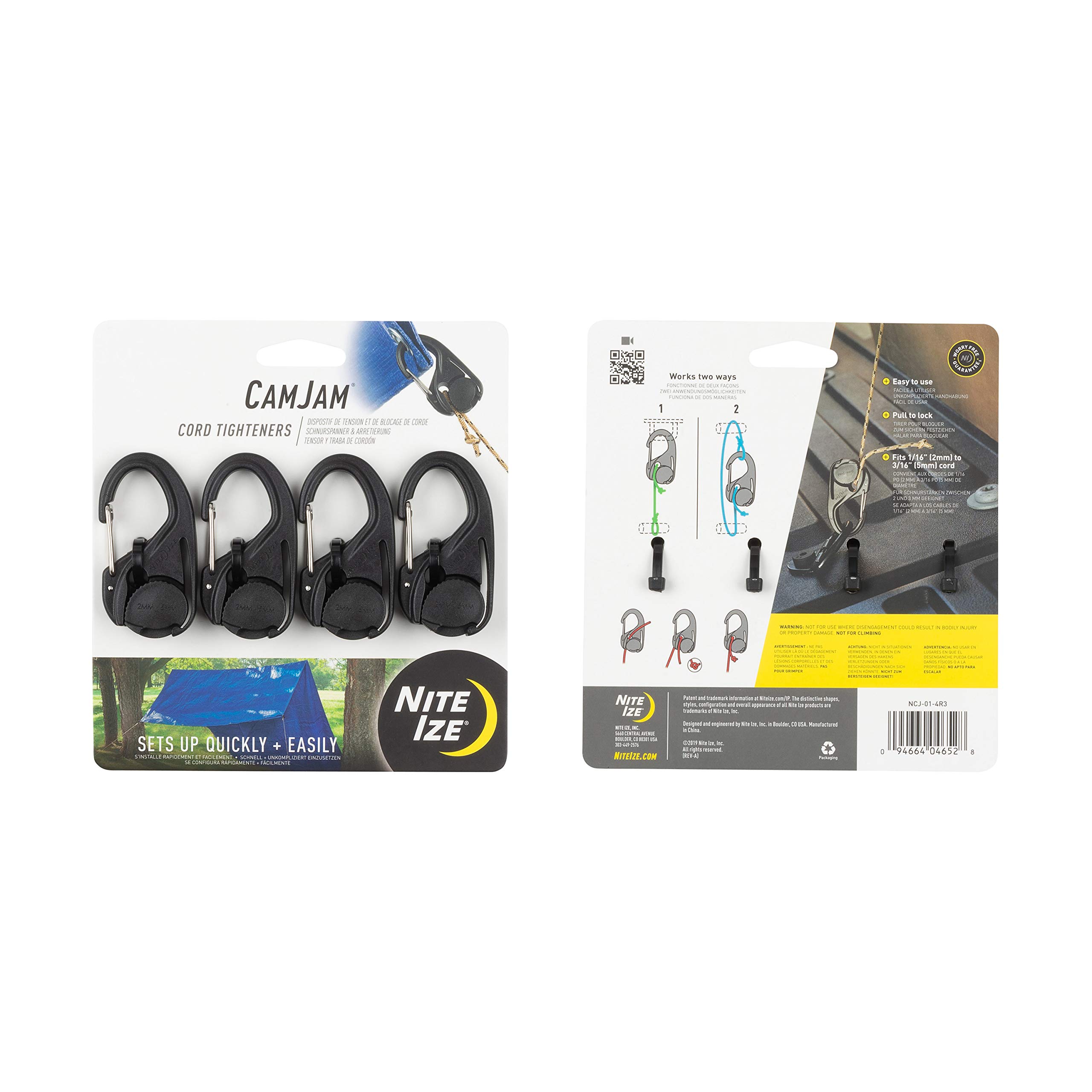 Nite Ize CamJam Cord Tightener - Tie Down Rope Tightener with Carabiner Clip - Lightweight Utility Cord Tightener for Camping Accessories & Hiking Gear - 4 Pack