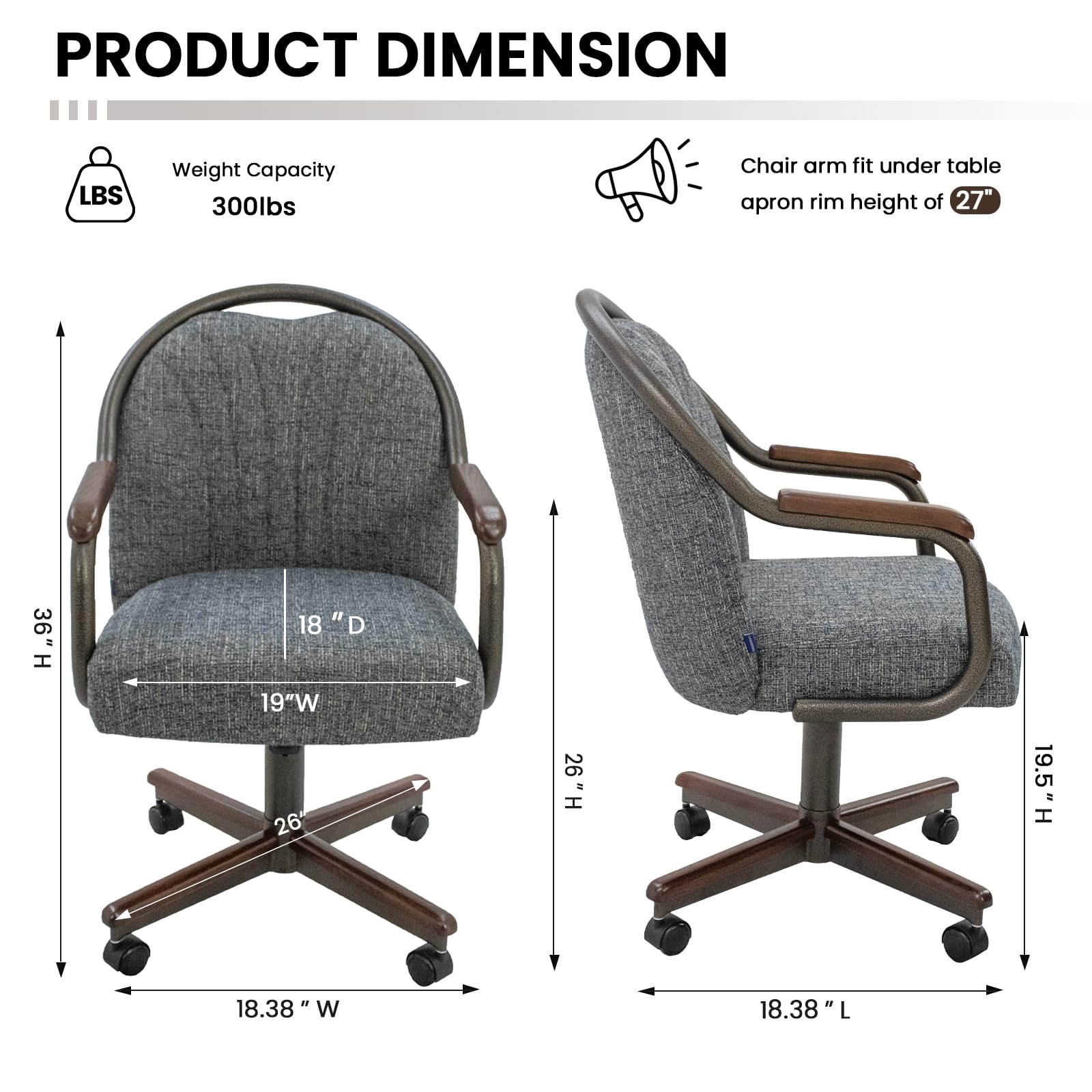 Chromcraft Set of 2 Kitchen Dining Chairs Swivel-Tilt Caster Dining Room Chairs Upholstered Memory Foam Chairs with Soft Wheels Rolling Chairs for Kitchen and Dining Room(Ravenrock Indigo-Walnut)