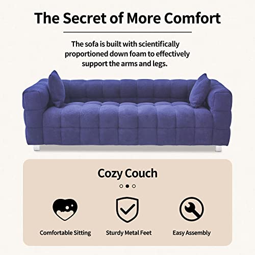 Dolonm Modern Sofa Couch with Metal Legs Upholstered Tufted 3 Seater Couch with 2 Pillows Decor Furniture for Living Room, Bedroom, Office, 80 Inch Wide (Blue-Teddy)