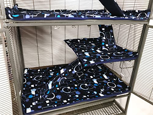 Handmade Fleece Cage Liners for Midwest Double Critter/Ferret Nation, Full set 7-pieces, Rats, Ferrets, Chinchillas, other small animals (Blue Retro Geometric)