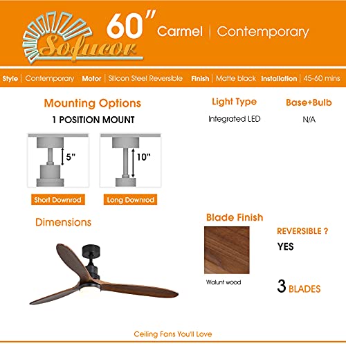 Sofucor Ceiling Fan 60'' Wood Ceiling Fan with Lights Remote Control Walnut Blades Dimmable Light Reversible DC Motor Modern Ceiling Fan for Kitchen, Bedroom, Basement, Dining, Living Room Matte Black