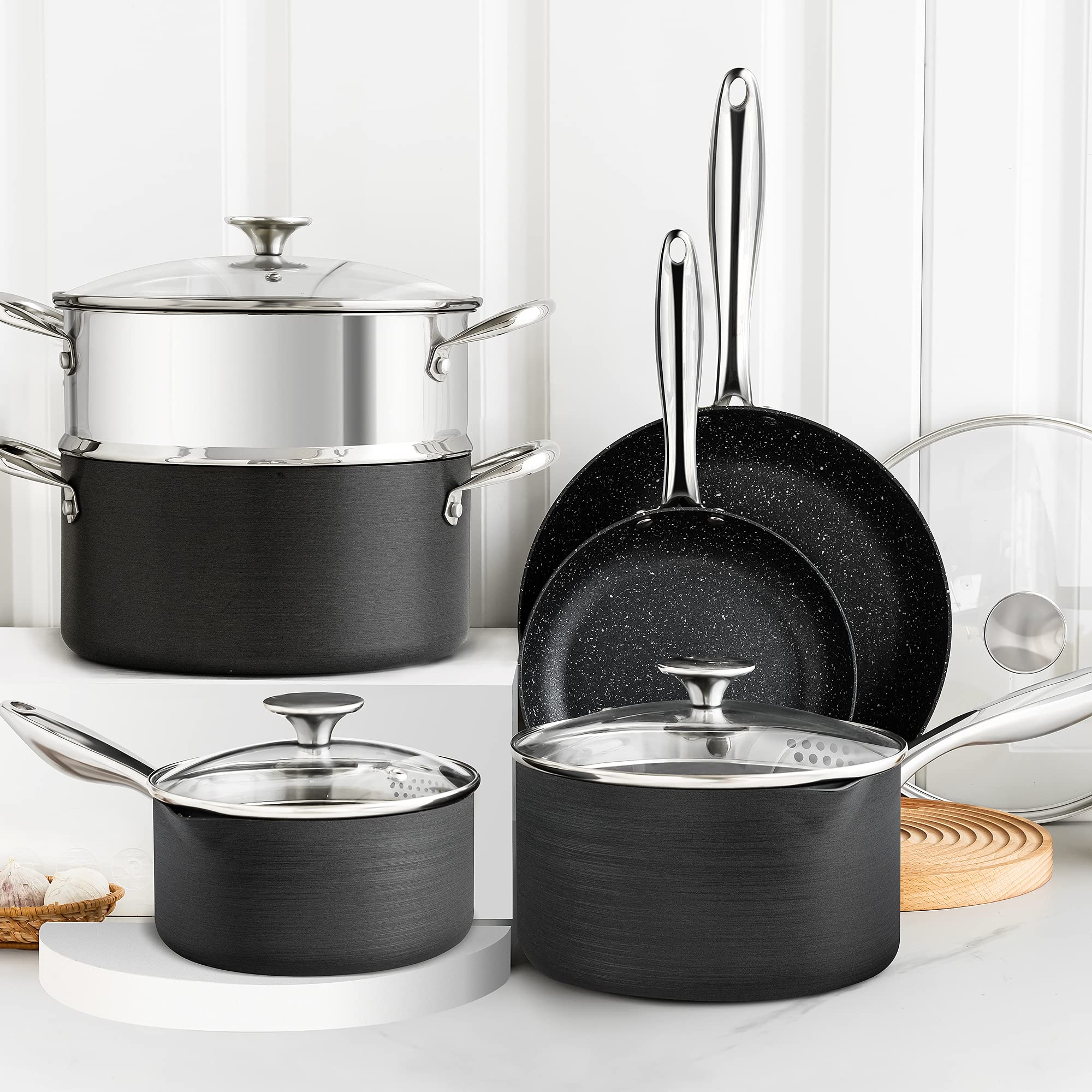 MICHELANGELO Hard Anodized Cookware Set - 10 Pcs Non Stick Pots and Pans Set with Granite Interior, Induction Cookware Set with Steamer Insert