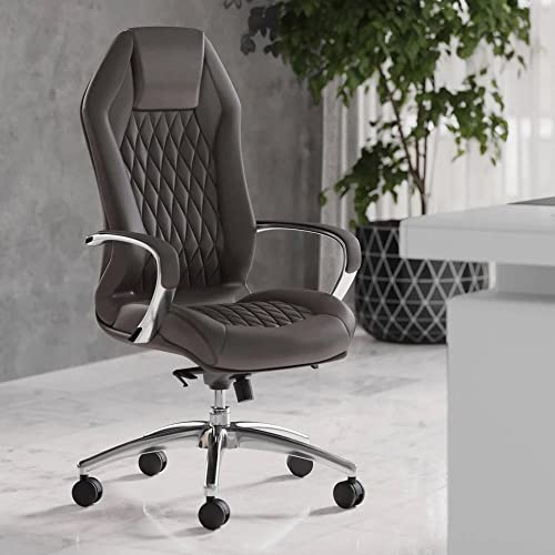 ZURI Furniture Modern Ergonomic Sterling Genuine Leather Executive Chair with Aluminum Base - Dark Grey