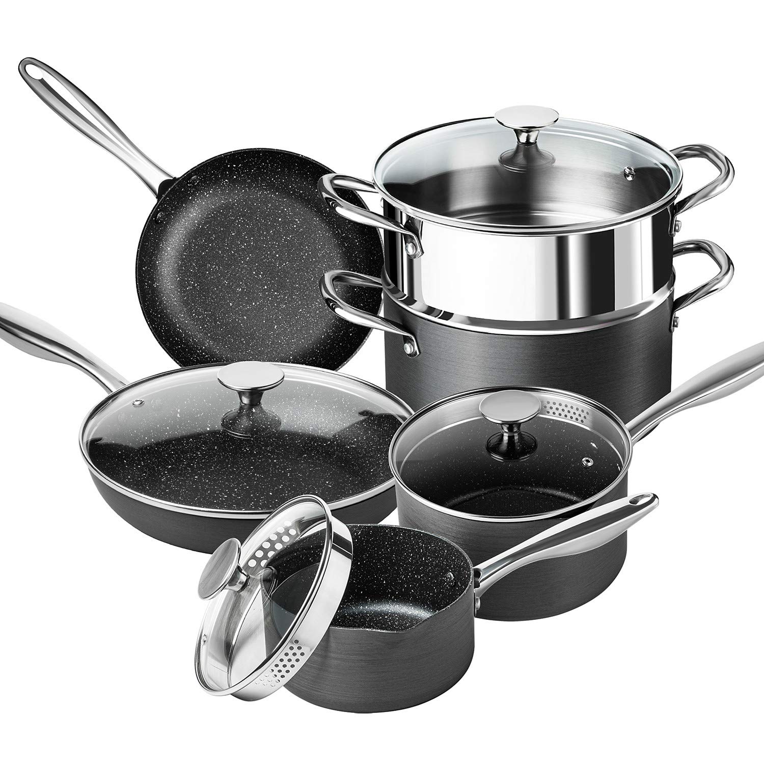 MICHELANGELO Hard Anodized Cookware Set - 10 Pcs Non Stick Pots and Pans Set with Granite Interior, Induction Cookware Set with Steamer Insert