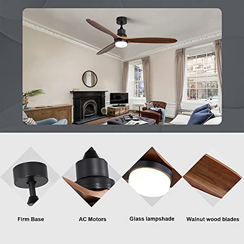 Sofucor Ceiling Fan 60'' Wood Ceiling Fan with Lights Remote Control Walnut Blades Dimmable Light Reversible DC Motor Modern Ceiling Fan for Kitchen, Bedroom, Basement, Dining, Living Room Matte Black