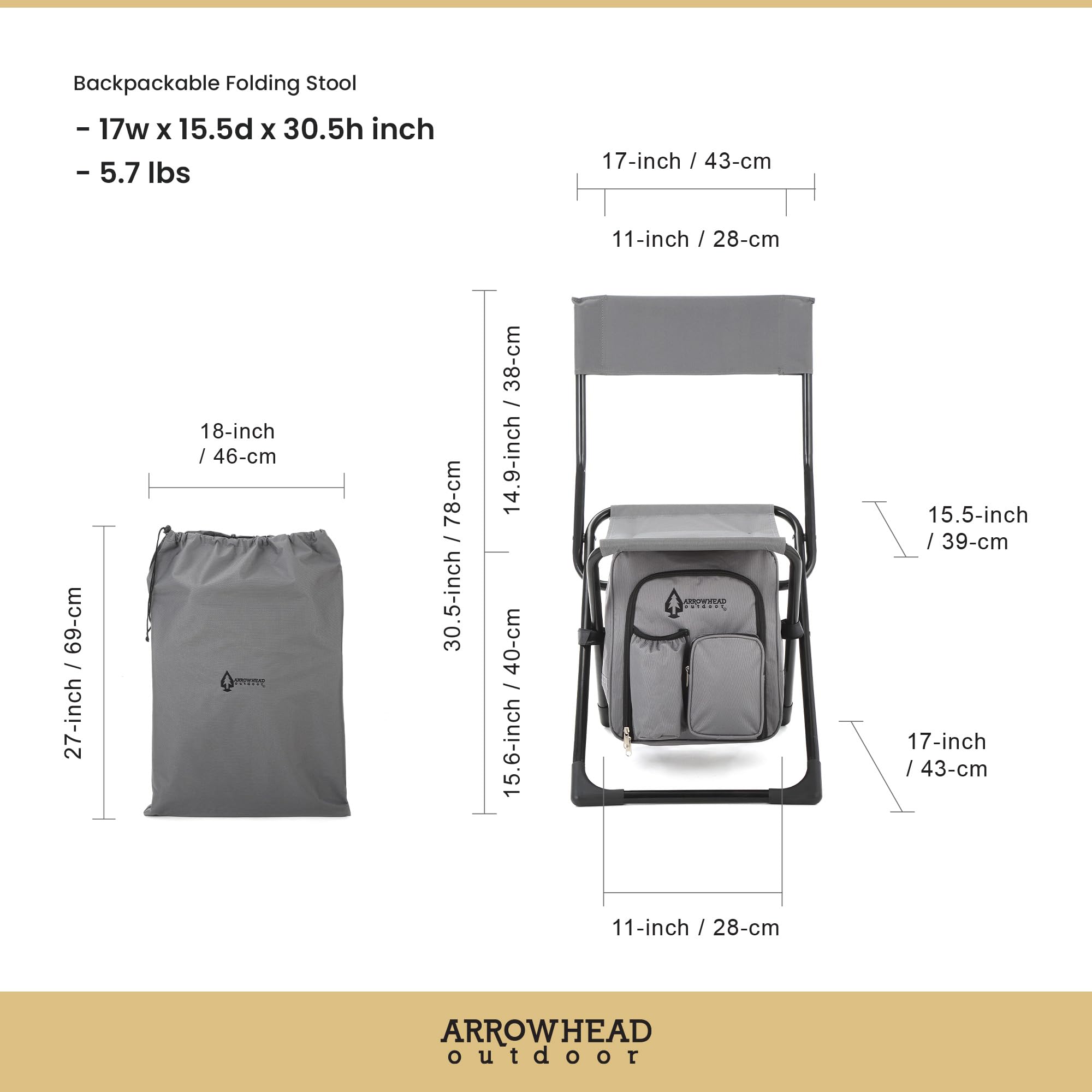 Arrowhead Outdoor Multi-Function 3-in-1 Compact Camp Chair: Backpack, Stool & Insulated Cooler, w/Bottle Holder & Storage Bag, External Pockets, Backrest, Fishing, Hiking, Heavy-Duty, USA-Based