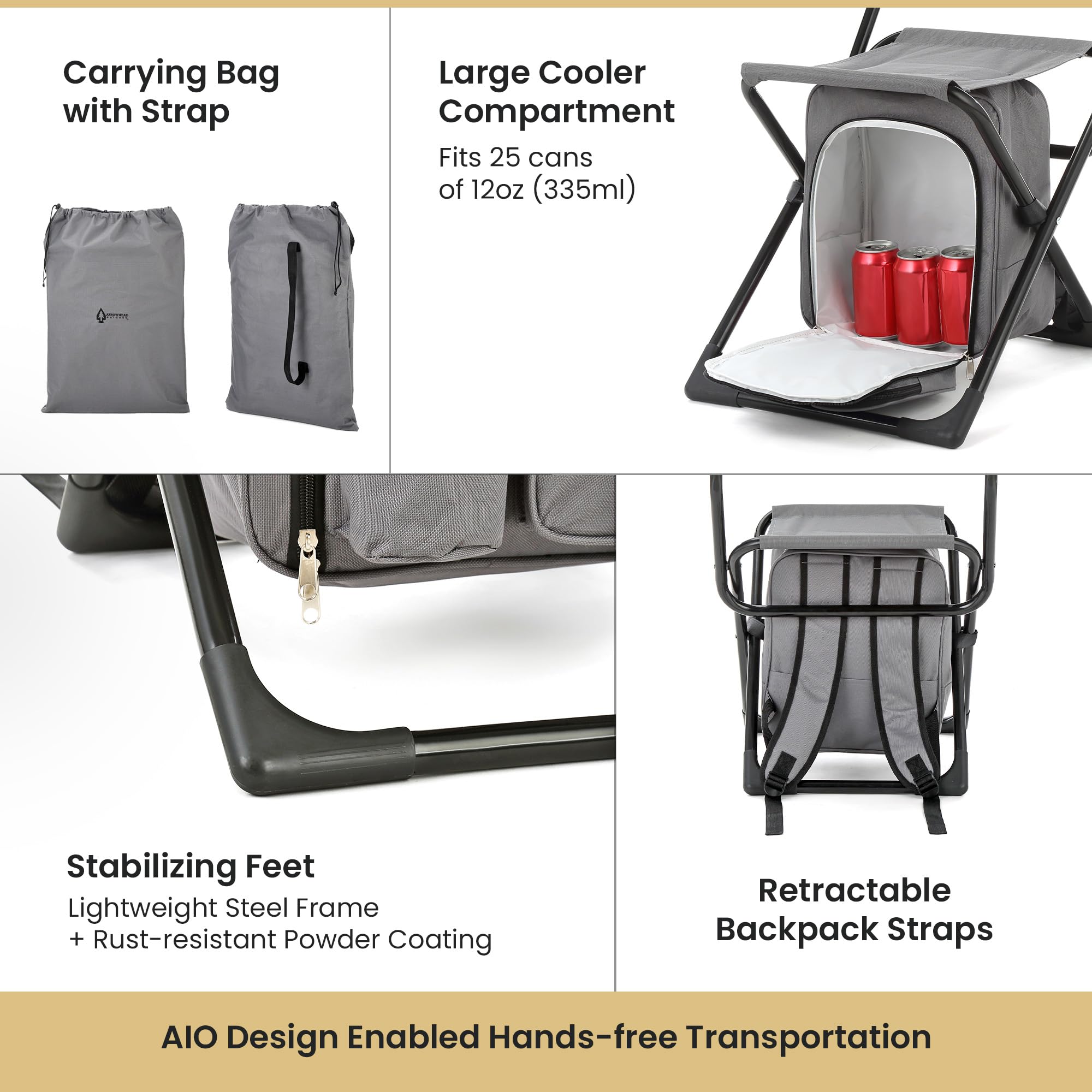 Arrowhead Outdoor Multi-Function 3-in-1 Compact Camp Chair: Backpack, Stool & Insulated Cooler, w/Bottle Holder & Storage Bag, External Pockets, Backrest, Fishing, Hiking, Heavy-Duty, USA-Based