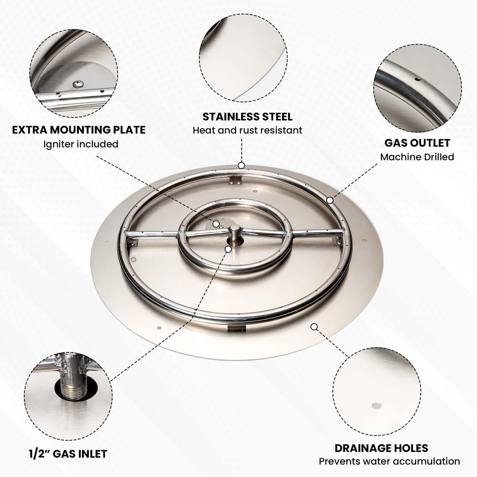 Dreffco Stainless Steel Fire Pit Burner Pan & Ring Pro Kit for Liquid Propane, 30-Inch Pan, 24-Inch Ring, 150,000 BTU Max