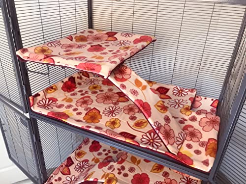 Handmade Fleece Cage Liners for Midwest Double Critter/Ferret Nation, Full set 7-pieces, Rats, Ferrets, Chinchillas, other small animals (Fall Floral on Pink, Maroon)