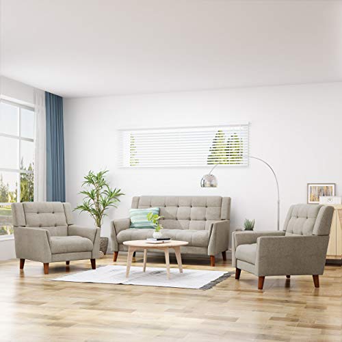 Christopher Knight Home Evelyn Mid Century Modern Fabric Arm Chair and Loveseat Set, Beige, Walnut