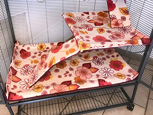 Handmade Fleece Cage Liners for Midwest Double Critter/Ferret Nation, Full set 7-pieces, Rats, Ferrets, Chinchillas, other small animals (Fall Floral on Pink, Maroon)
