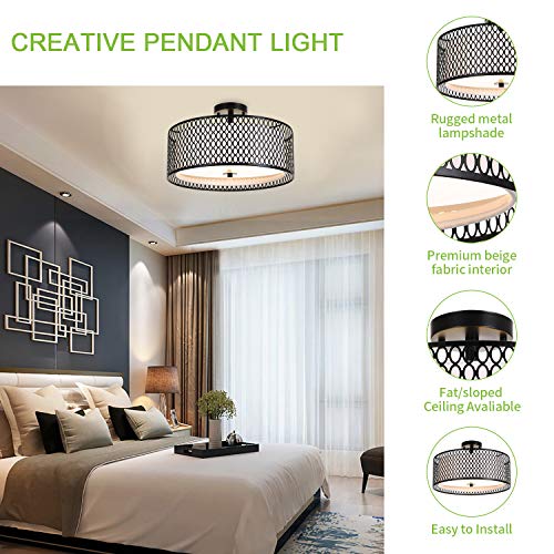 Ludil 17" Semi Flush Mount Ceiling Light Fixture, Modern 3-Light Black Durm Close to Ceiling Lighting with Metal Mesh Cage & Bottom Reflective Glass for Living Room Bedroom Kitchen Hallway Entryway