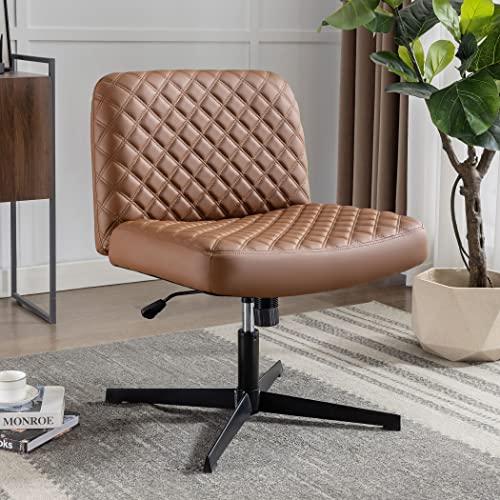 Criss Cross Chair Armless PU Leather Office Desk Chair,Cross Legged Home Office Chair No Wheels,120° Rocking Ergonomic PC Chair,Thicken Padded Swivel Vanity Chair for Women, Girls,Accent Chair