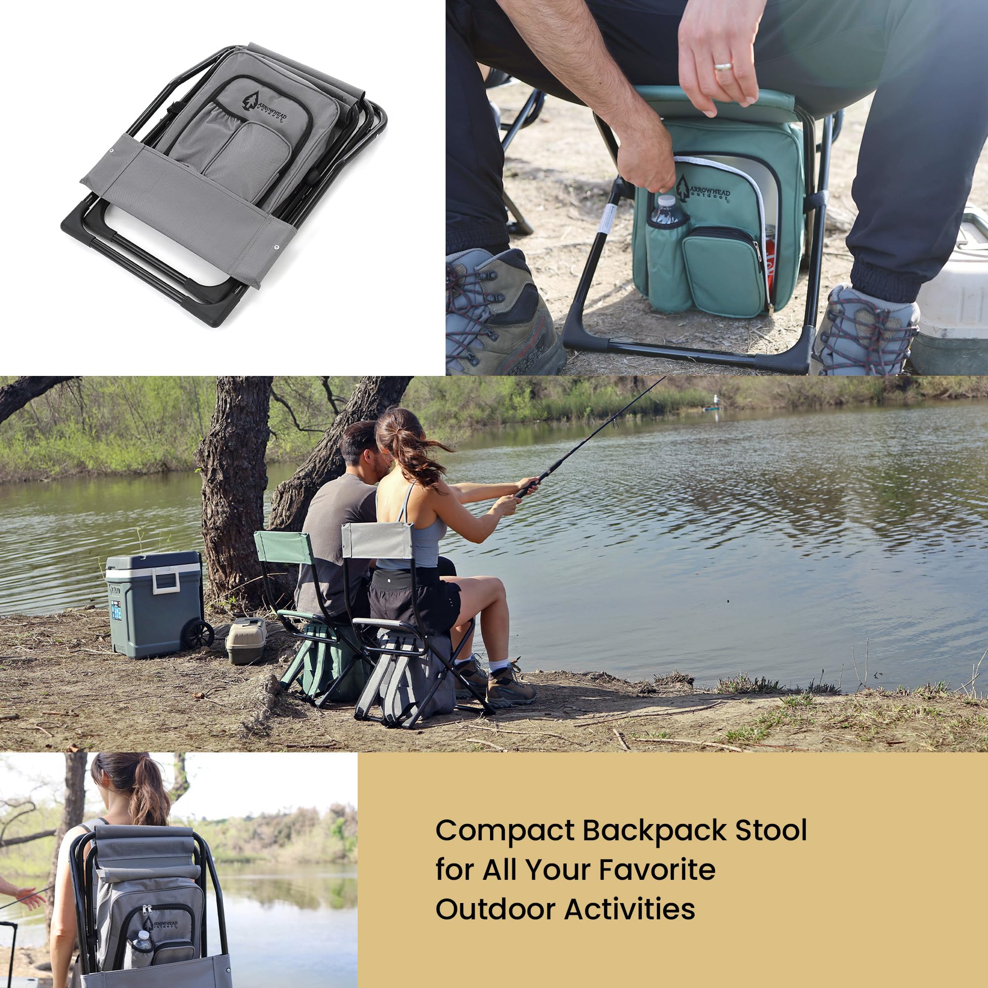 Arrowhead Outdoor Multi-Function 3-in-1 Compact Camp Chair: Backpack, Stool & Insulated Cooler, w/Bottle Holder & Storage Bag, External Pockets, Backrest, Fishing, Hiking, Heavy-Duty, USA-Based