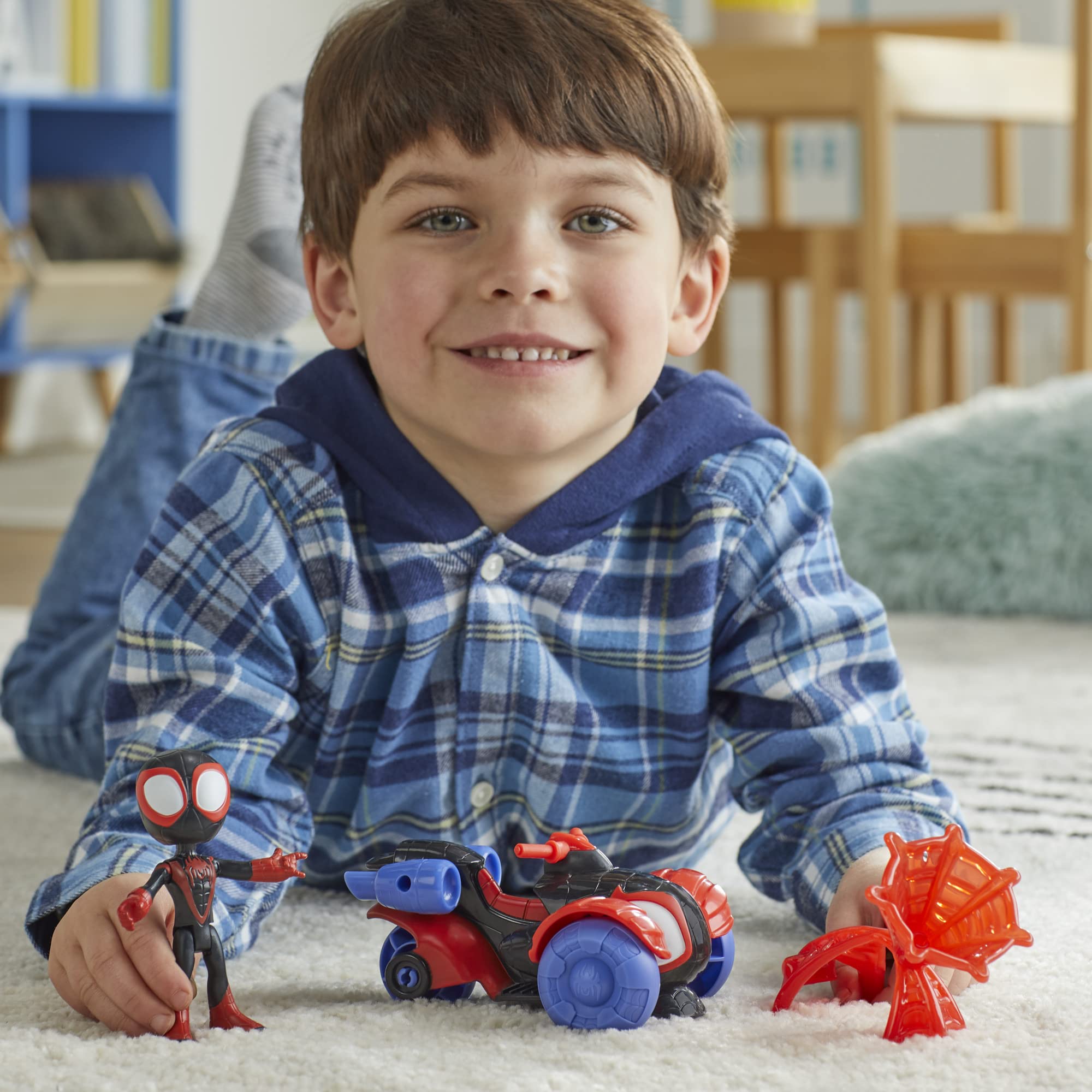 Spidey and His Amazing Friends Miles Morales: Spider-Man Techno Racer Set, 4-Inch Scale Action Figure with Vehicle and Accessory, Marvel Preschool Toys, Easter Gifts, 3+