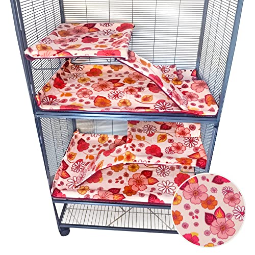 Handmade Fleece Cage Liners for Midwest Double Critter/Ferret Nation, Full set 7-pieces, Rats, Ferrets, Chinchillas, other small animals (Fall Floral on Pink, Maroon)
