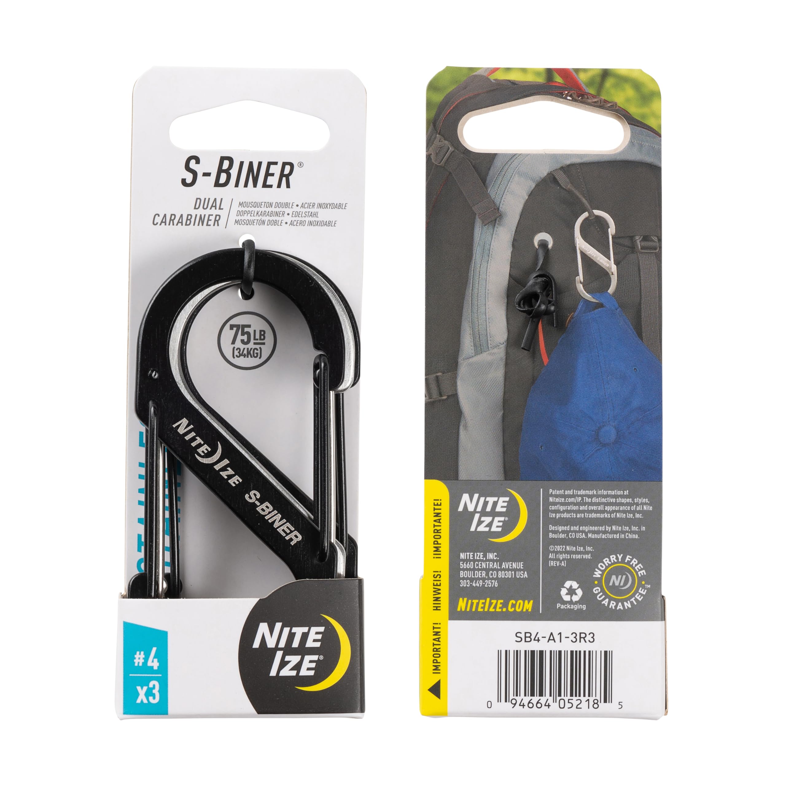 Nite Ize S-Biner Stainless Steel Dual Carabiner - Multi Purpose Dual Carabiner Clip - Great for Camping Supplies & Hiking Essentials - Secure Key Holder - Size 4, Black/Stainless Steel (3 Pack)
