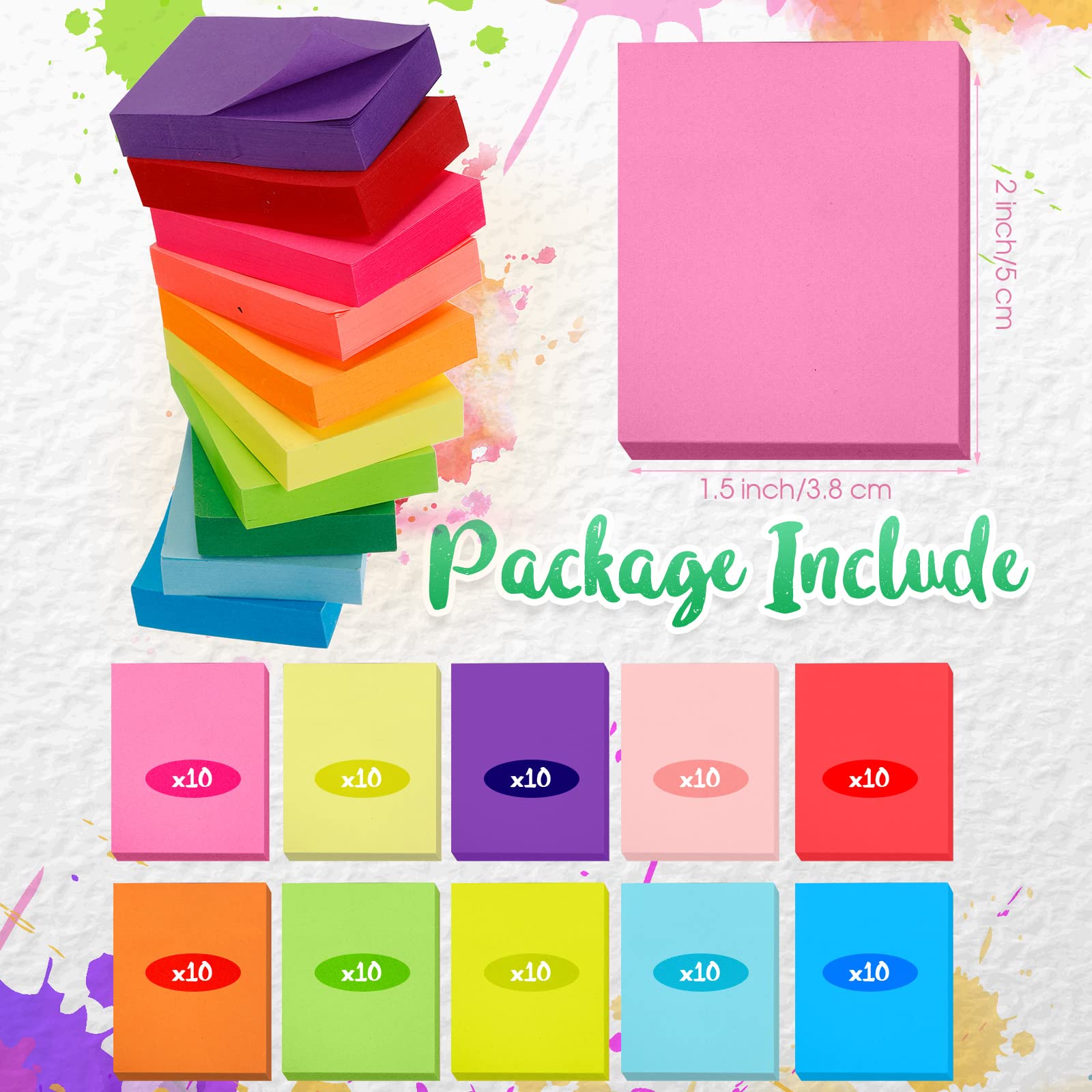 Geyee 100 Pads Sticky Notes 1.5 x 2 Inch 10 Colors Self Stick Small Sticky Notes for School Office Classroom Home Meeting Supplies, 100 Sheets/Pad, Total 10000 Sheets